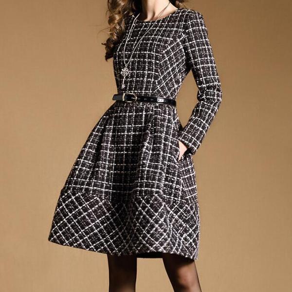 Fashion Women Winter Wool Dress Sexy A Line Long Sleeves Check Dress ...