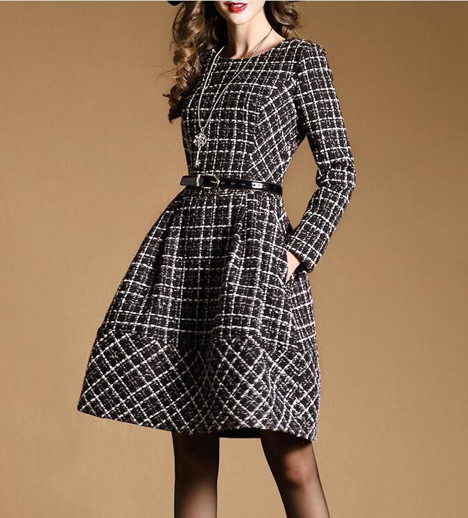 Fashion Women Winter Wool Dress Sexy A Line Long Sleeves Check Dress ...