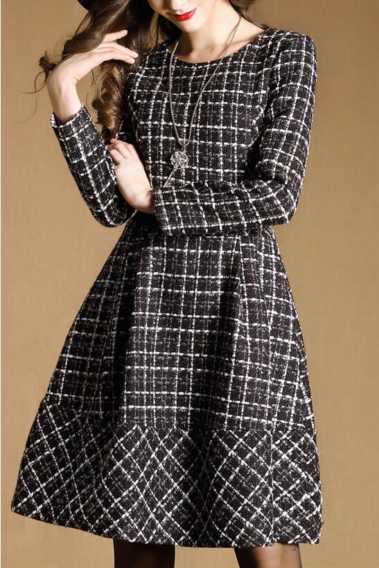 Fashion Women Winter Wool Dress Sexy A Line Long Sleeves Check Dress ...