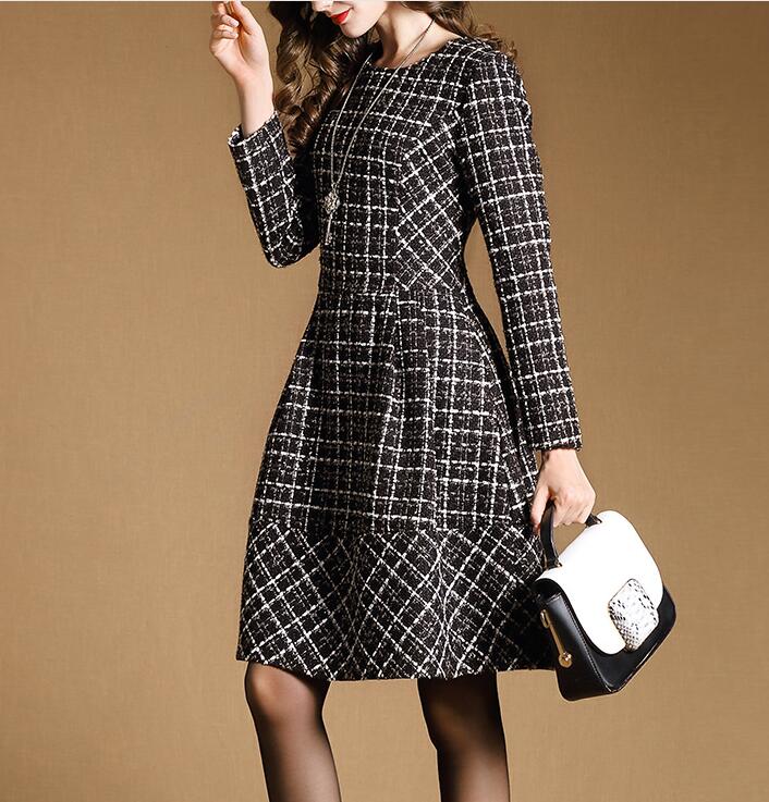 Fashion Women Winter Wool Dress Sexy A Line Long Sleeves Check Dress ...