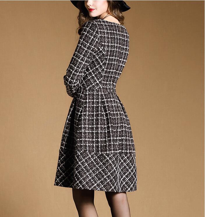 Fashion Women Winter Wool Dress Sexy A Line Long Sleeves Check Dress ...